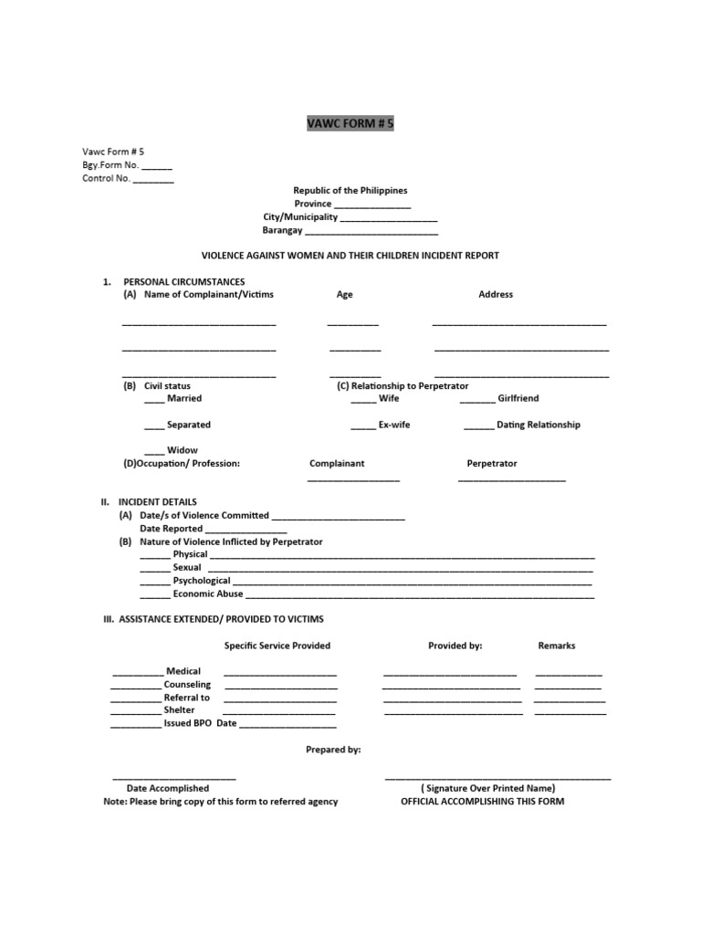 Vawc Form #5 | PDF | Violence | Violence Against Women