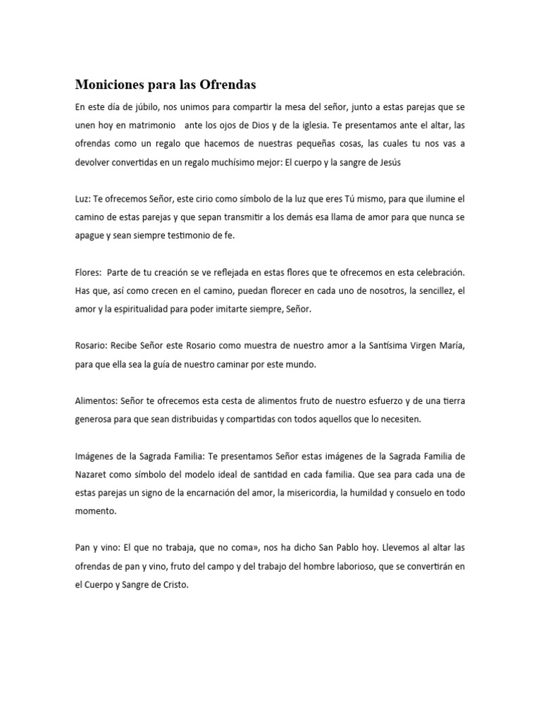 Moniciones para Las Ofrendas | PDF | Cocina, comidas y vino | Religión ...