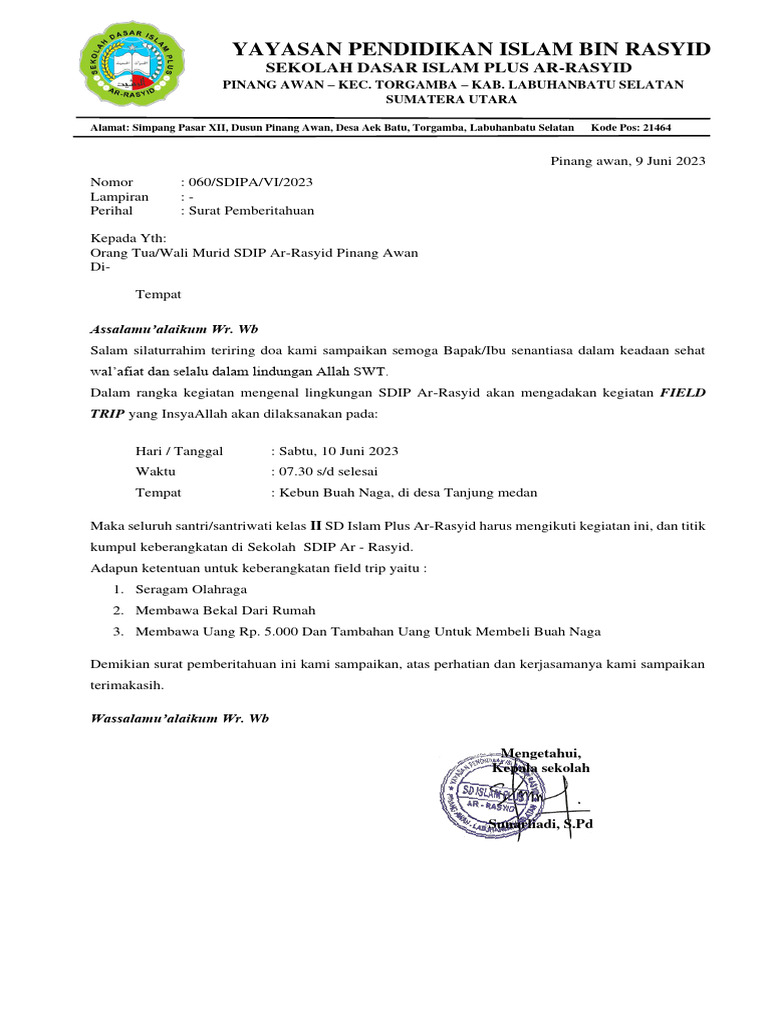 Surat Pemberitahuan Field Trip SDIP Ar-Rasyid | PDF