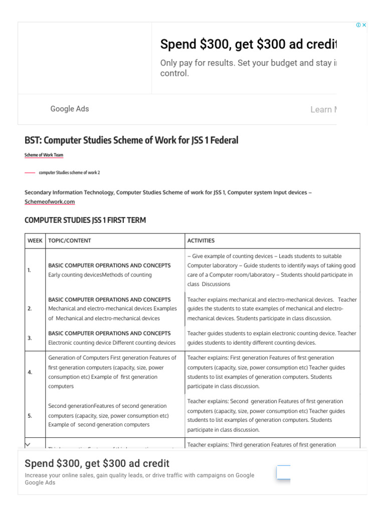 Computer Studies SOW JSS 1 FT | PDF | Input/Output | Information