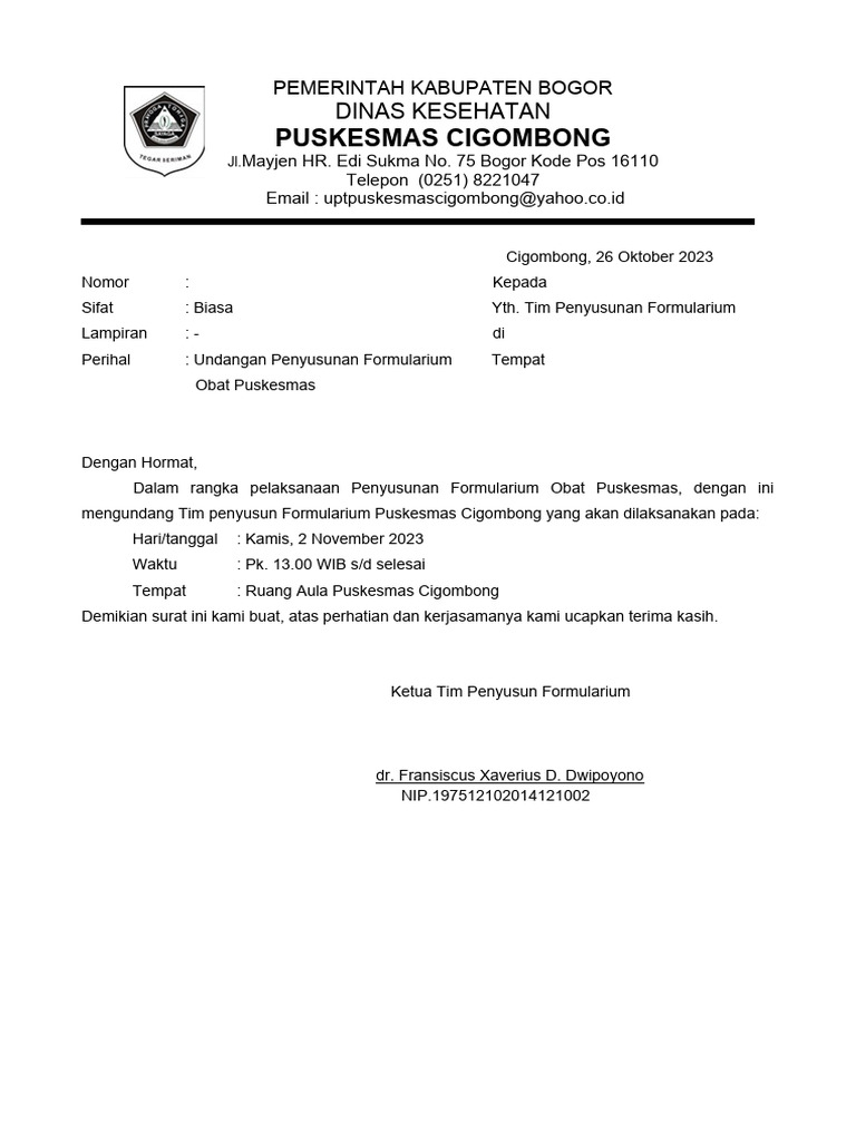 Surat Undangan Penyusunan Formularium | PDF
