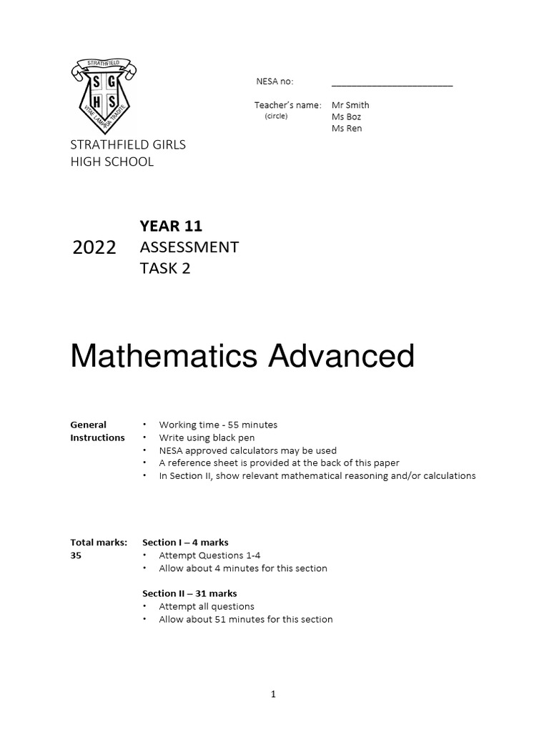 2022 Year 11 Mathematics Advanced Assessment Task 2 | PDF | Mathematics ...