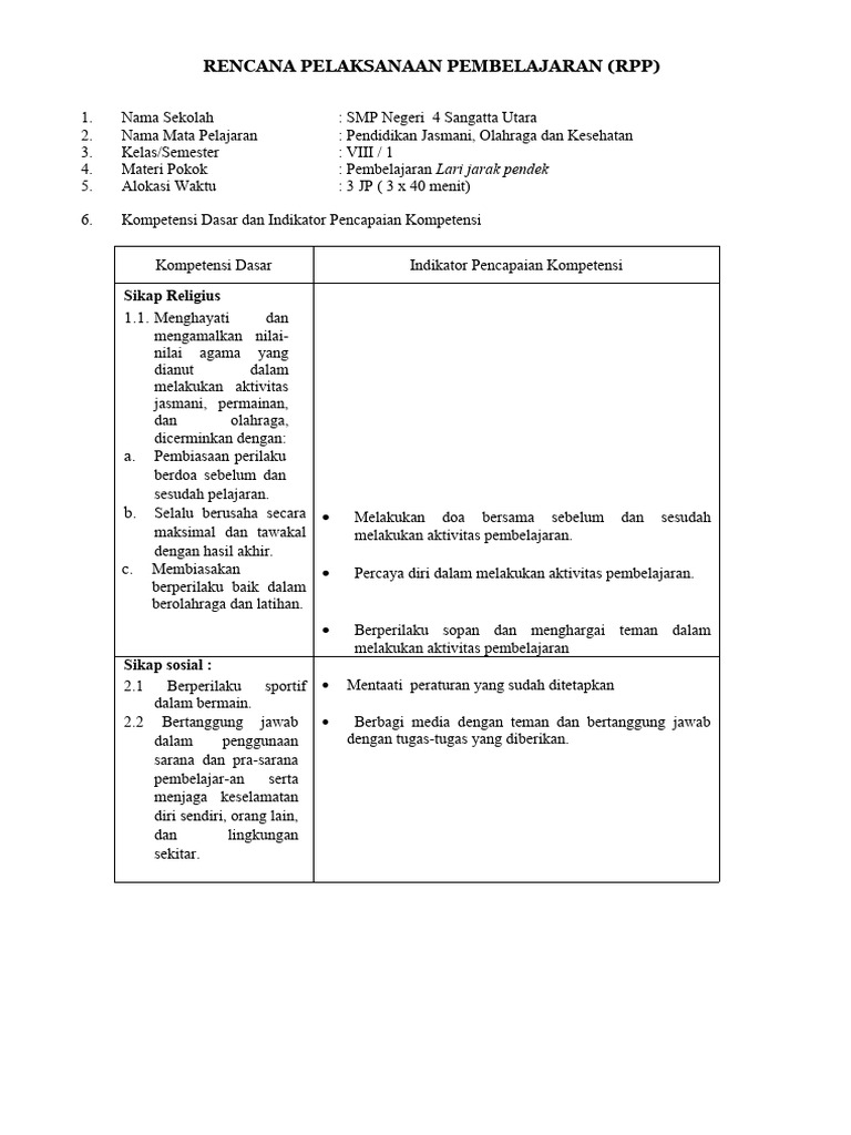 RPP Lari Jarak Pendek SMP Kelas VIII | PDF | Karier & Perkembangan