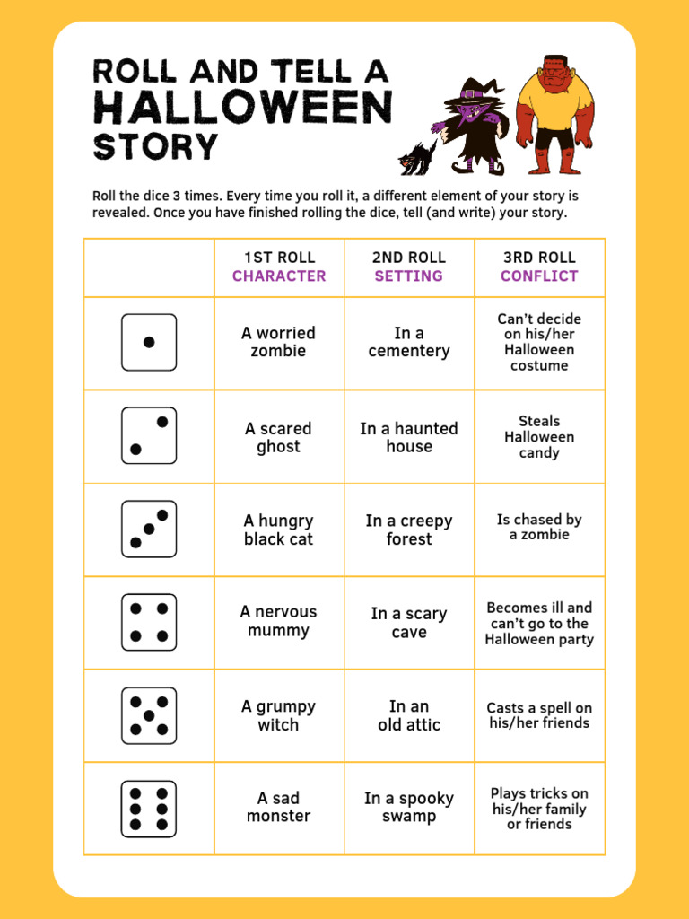 Roll and Tell A Halloween Story Worksheet in Colorful Playful Style ...