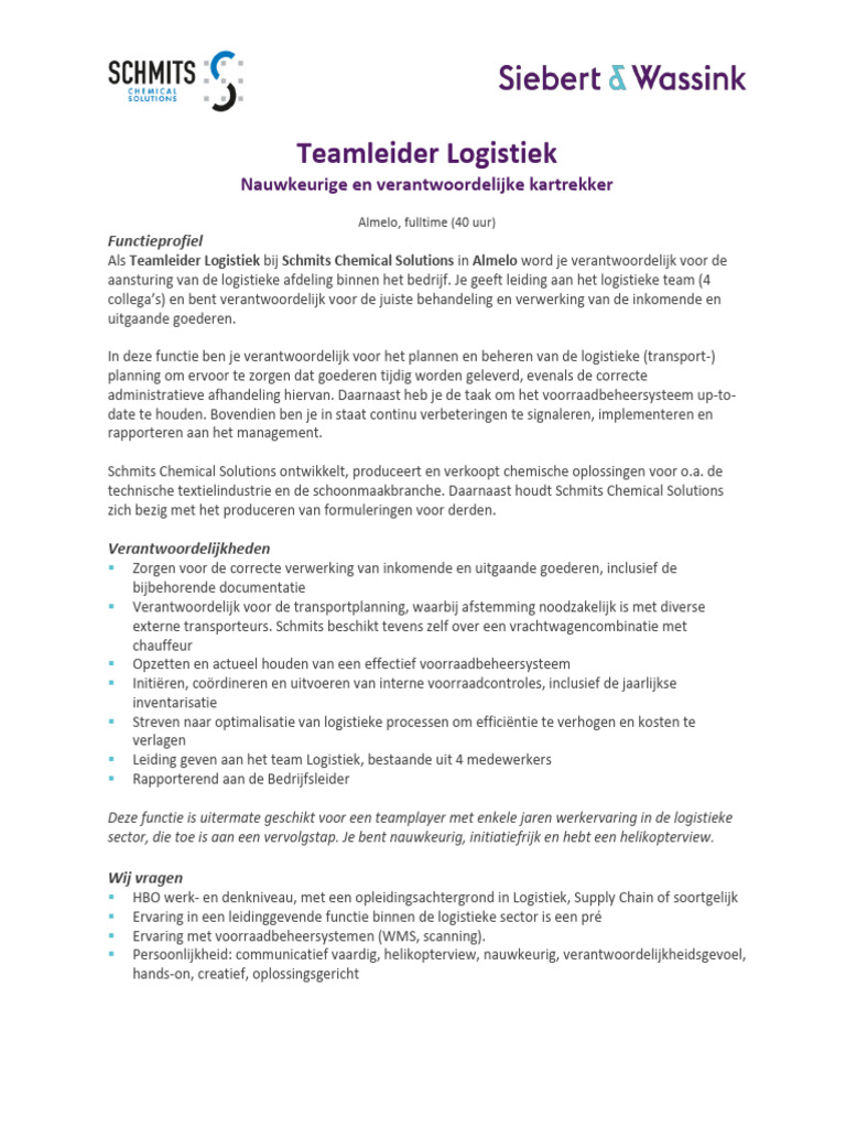 Wervingsprofiel Teamleider Logistiek 2023 | PDF