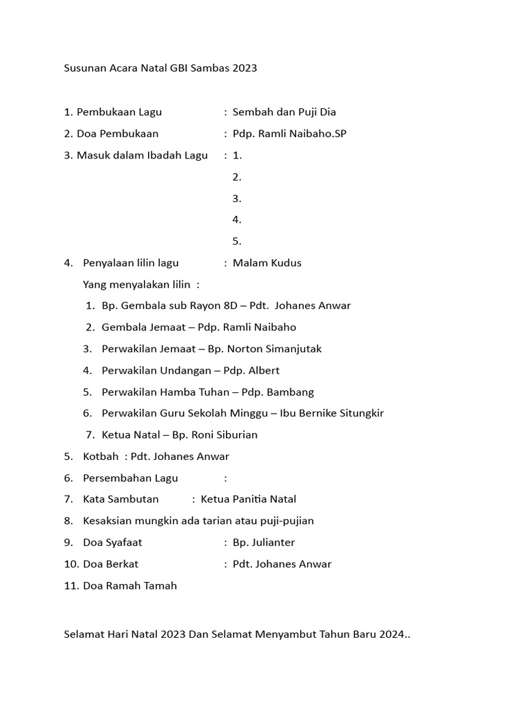 Susunan Acara Natal GBI Sambas 2023 | PDF