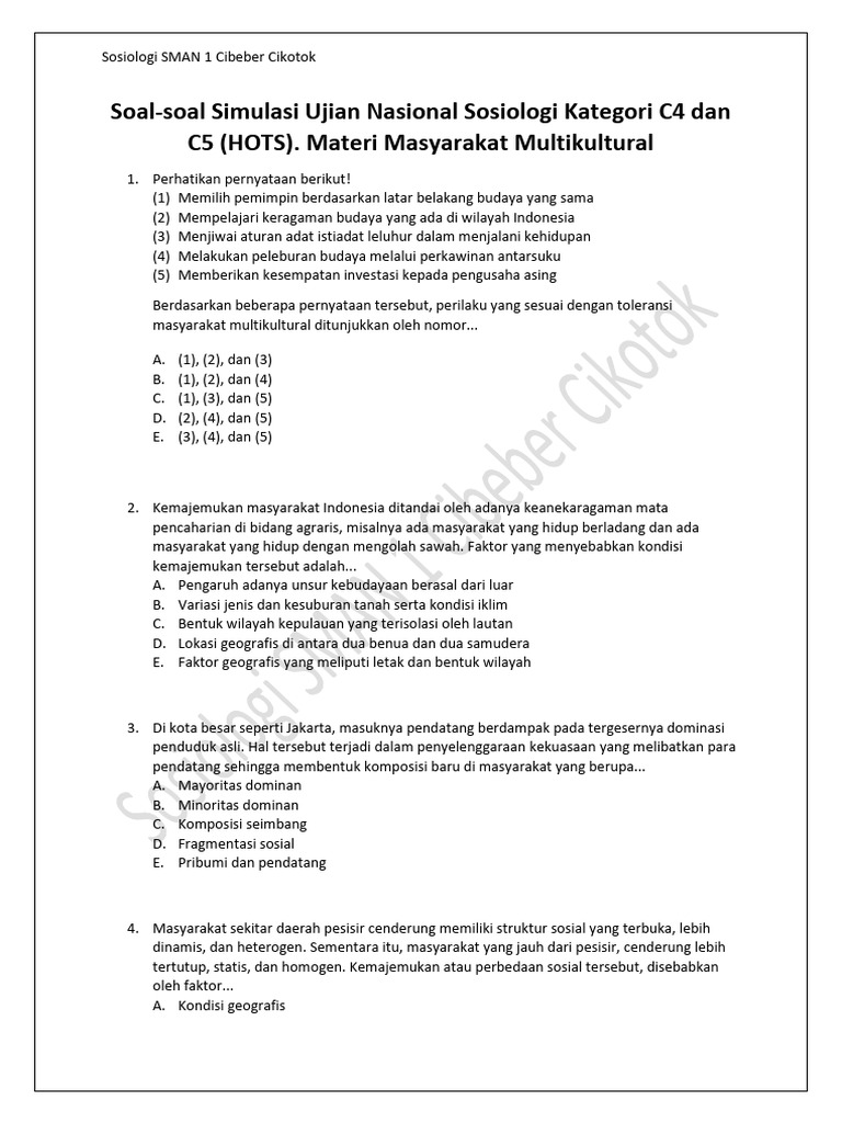 Soal-Soal Simulasi Ujian Nasional Sosiologi Kategori C4 Dan C5 (HOTS ...