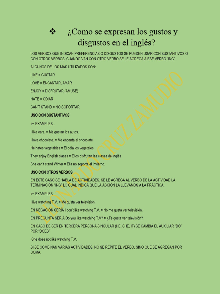 Como Se Expresan Los Gustos y Disgustos en El Inglés | PDF