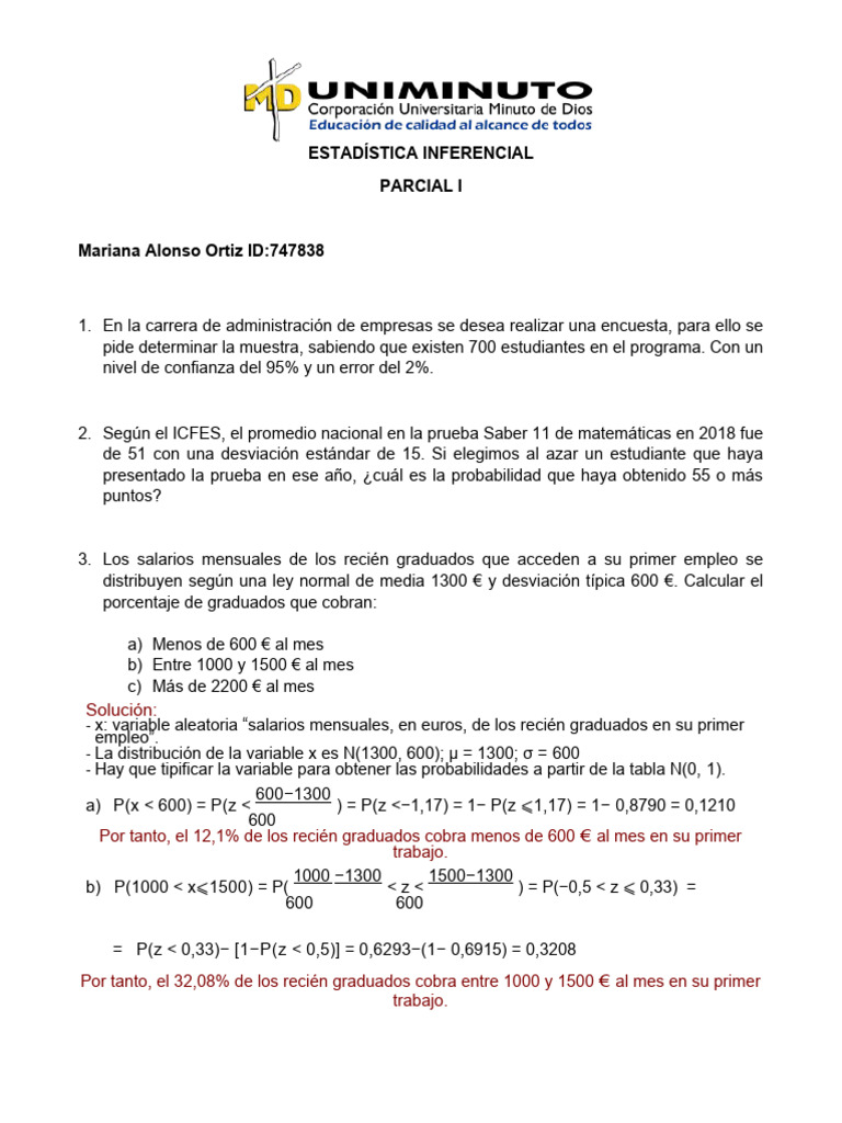 Parcial 1 Estadística Inferencial 2023 2 M2 | PDF
