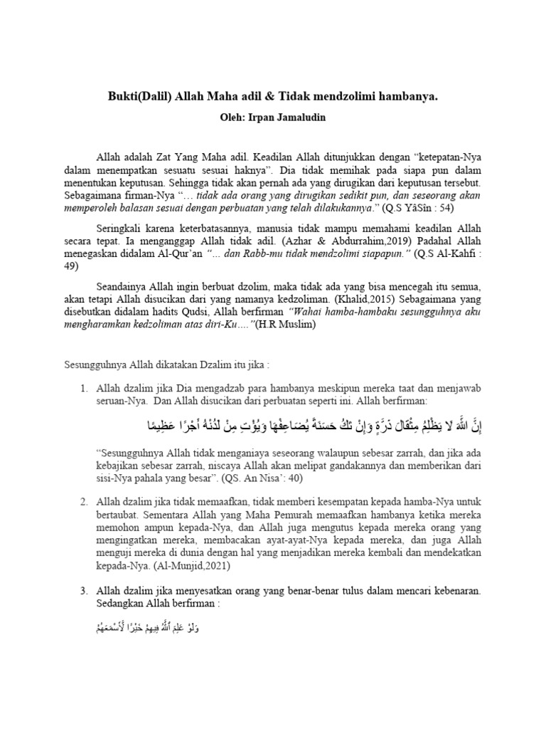 Bukti (Dalil) Allah Maha Adil & Tidak Mendzolimi Hambanya. | PDF