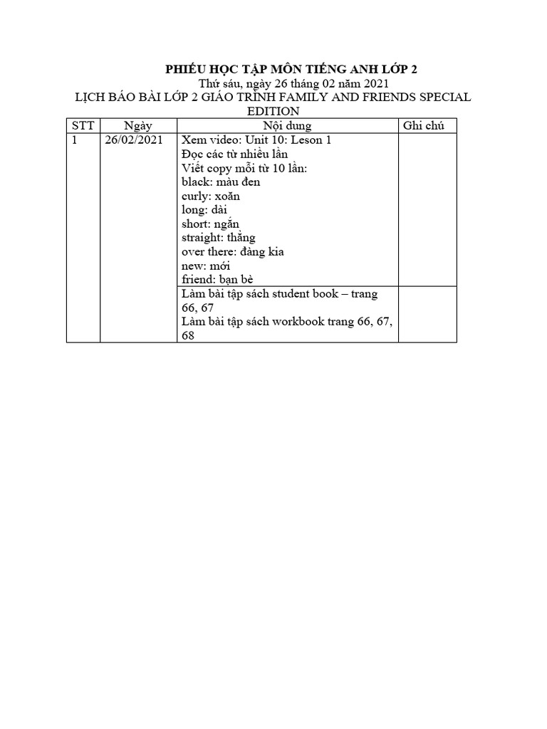 Phieu Hoc Tap Lop 2 Mon Tieng Anh Giao Trinh Family and Friends National Editon - 2822021181053 ...