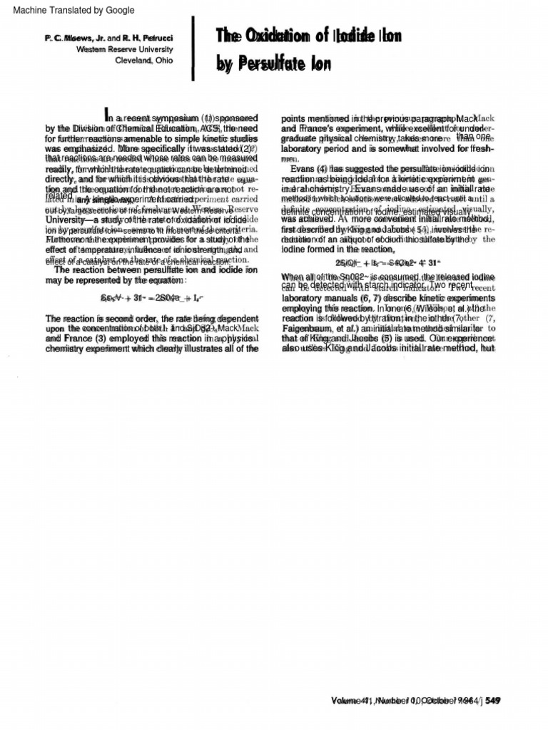 Moews Petrucci 1964 The Oxidation of Iodide Ion by Persulfate Ion | PDF ...