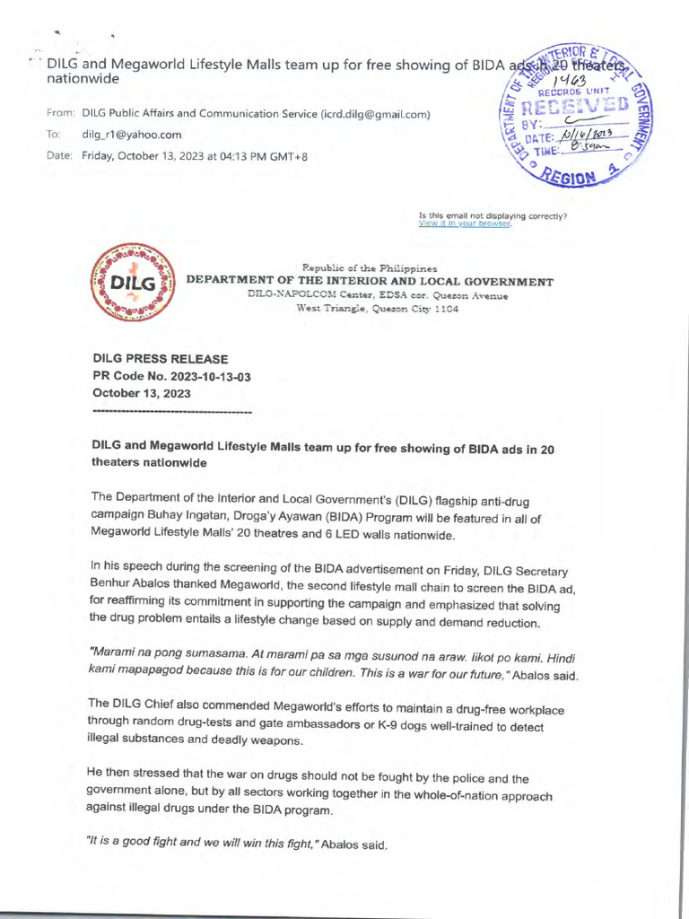 Dilg Press Release PR Code No. 2023-10-13-03 | PDF