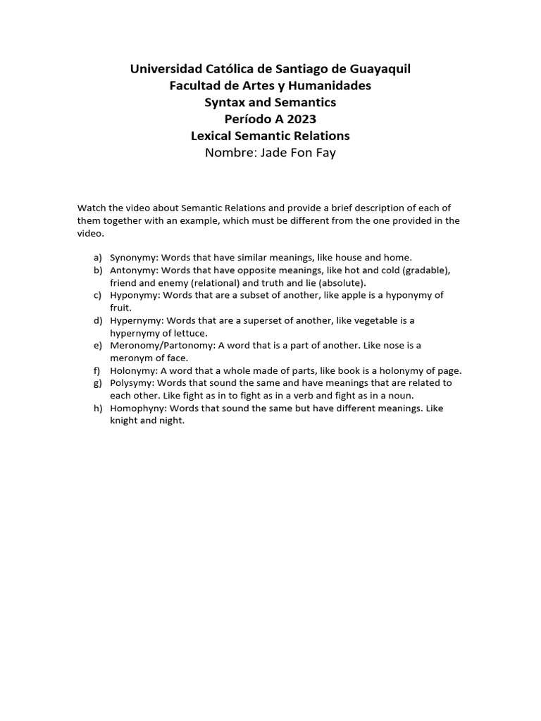 Lexical Semantic Relations - Jade Fon Fay | PDF