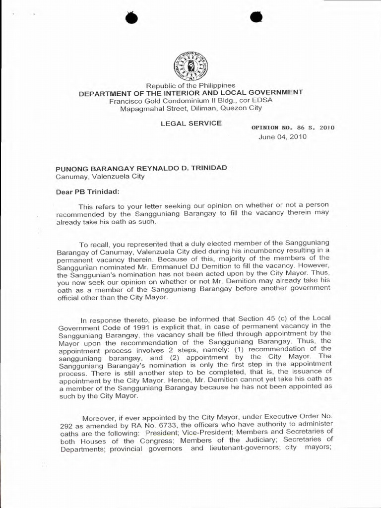 Barangay Vacancy Appointment Process | PDF | Government | Public Law