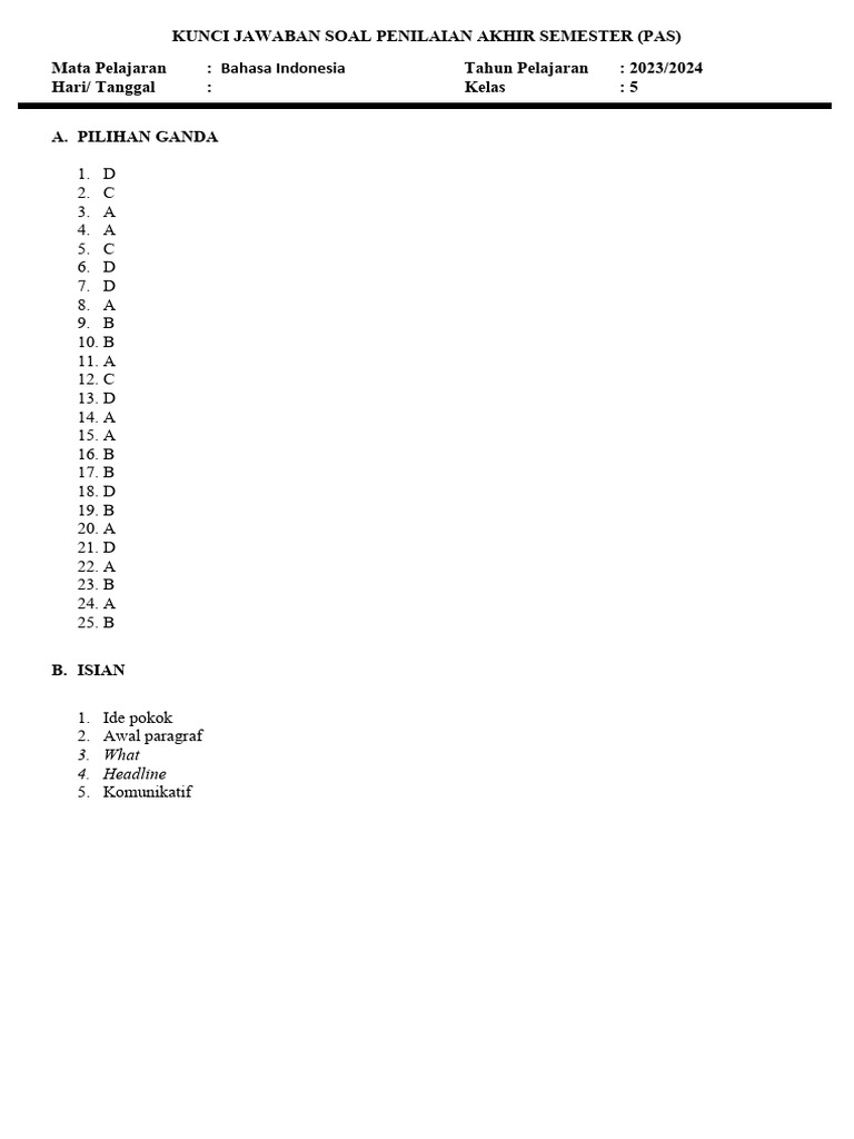 Format Kunci Jawaban Bahasa Indonesia Kelas 5 | PDF
