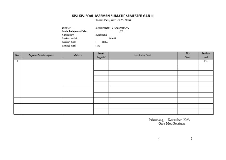 Format Kisi-Kisi Soal Asesmen Ganjil 2023 Kelas XI | PDF