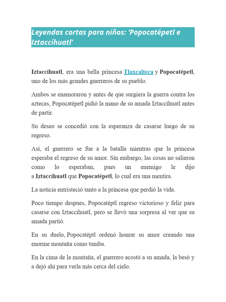 Leyenda de Popocatépetl e Iztaccíhuatl | PDF | Historia | Libros para ...