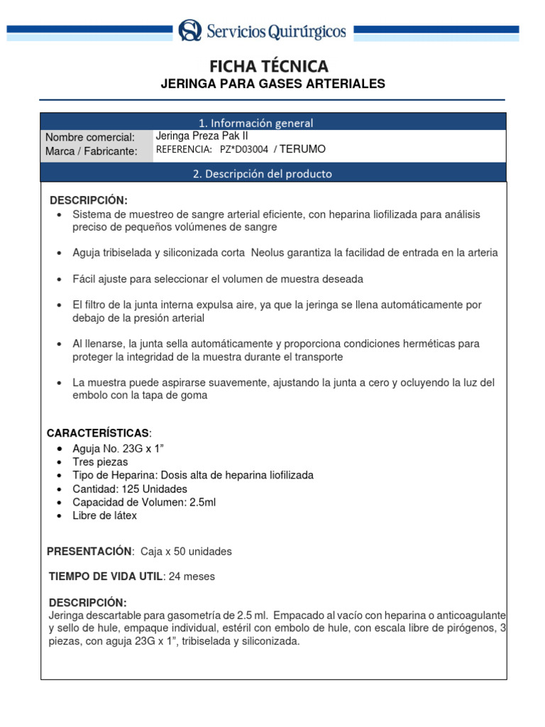 Ficha técnica Jeringa Preza Pak II | PDF