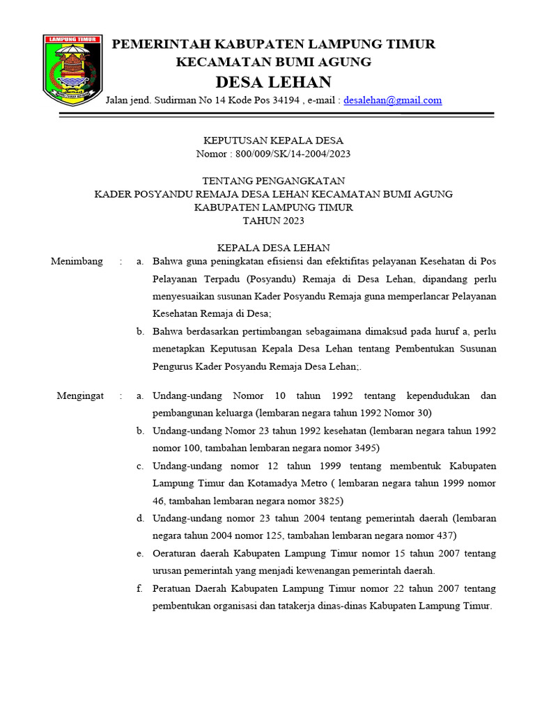 Pengangkatan Kader Posyandu Remaja Lehan 2023 | PDF