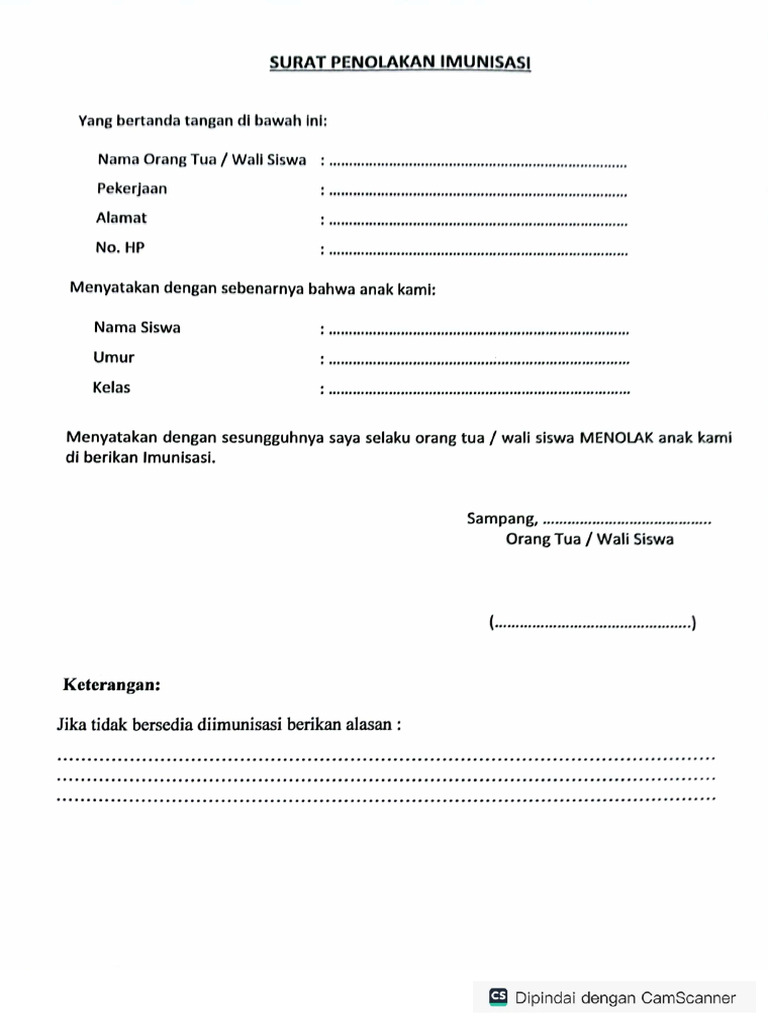 Surat Penolakan Imunisasi | PDF