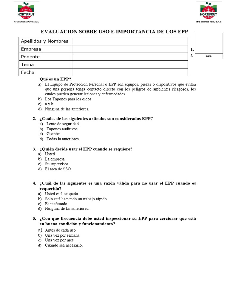 Cuestionario Uso y Importancia de Los Epp S | PDF
