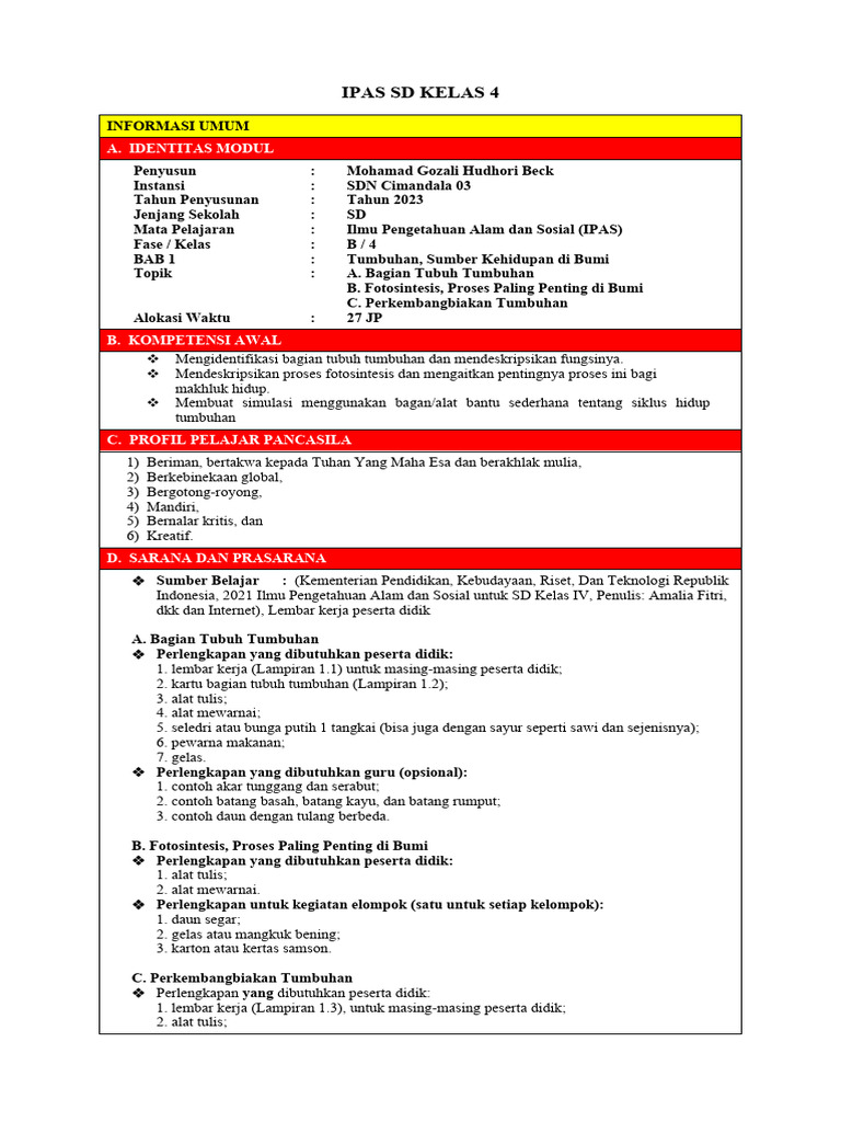 RPP IPAS Kelas 4B BAB 1 TA 2023-2024 | PDF