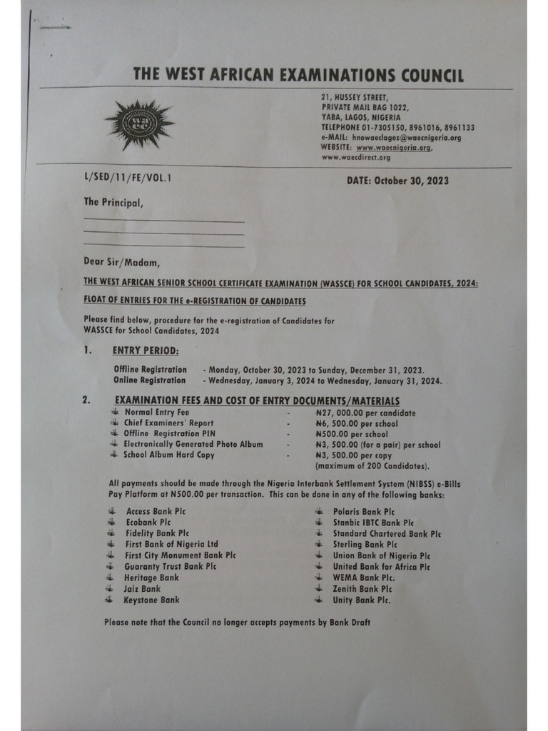 WAEC Guidelines For WASSCE (SC) 2024 | PDF