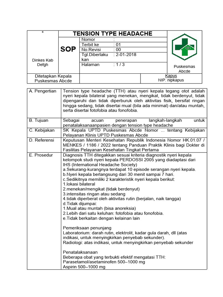SOP Tension Type Headache (TTH | PDF