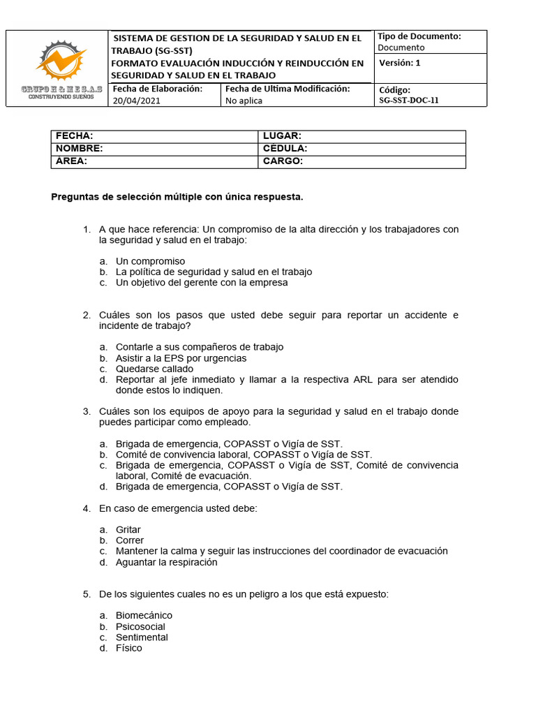 FT. Formato Evaluacion Inducción y Reinducción en SST | PDF FT. Formato Evaluacion Inducción y Reinducción en SST | PDF