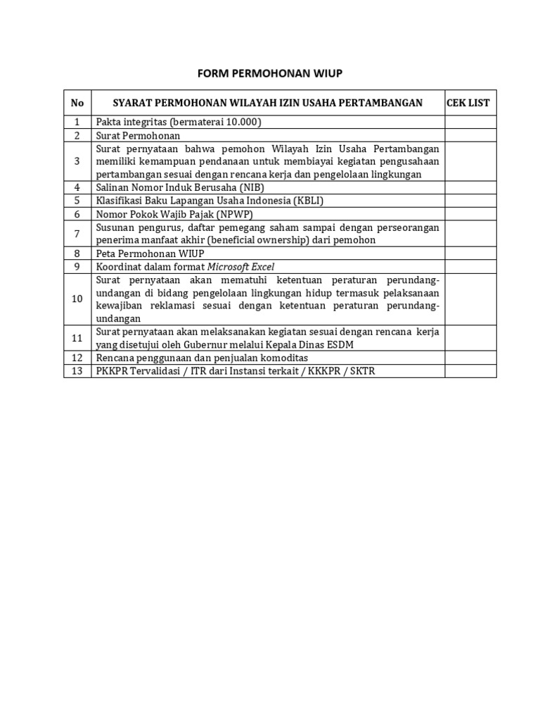 Form Permohonan Wiup, Iup Eks, Iup Op Dan Sipb | PDF