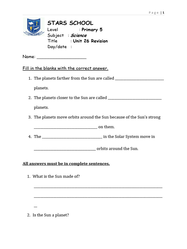 Primary 5 Science: Solar System Review | PDF | Planets | Solar System