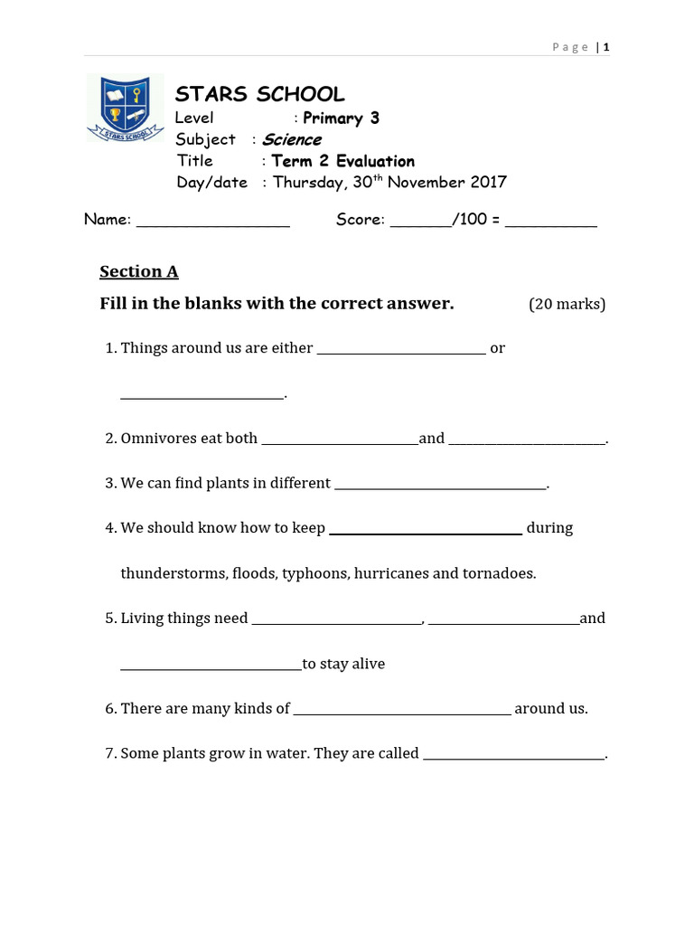 Science P3 Evaluation Term 2 | PDF | Plants | Nature
