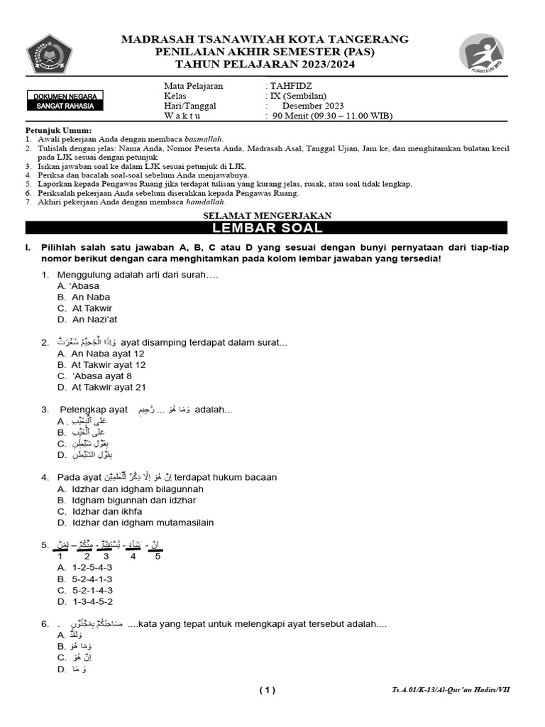Soal Pas Tahfidz Kelas 9 2023 | PDF | Seni & Disiplin Bahasa