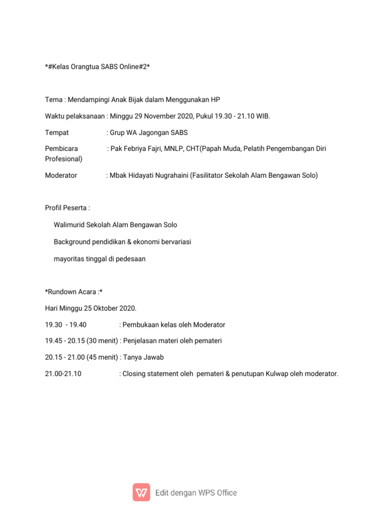 TOR Kulwap Orangtua SABS#1 | PDF