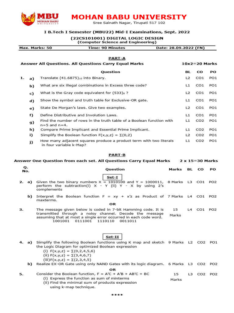 Dld-Mbu Mid 1 QP | PDF | Theory Of Computation | Mathematical Logic