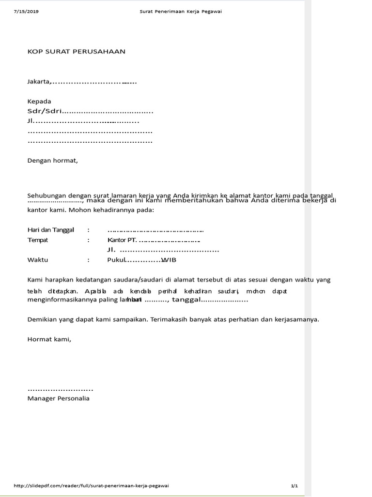 Dokumen - Tips Surat Penerimaan Kerja Pegawai | PDF