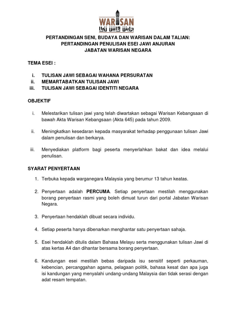 Syarat Pertandingan Esei Tulisan Jawi | PDF