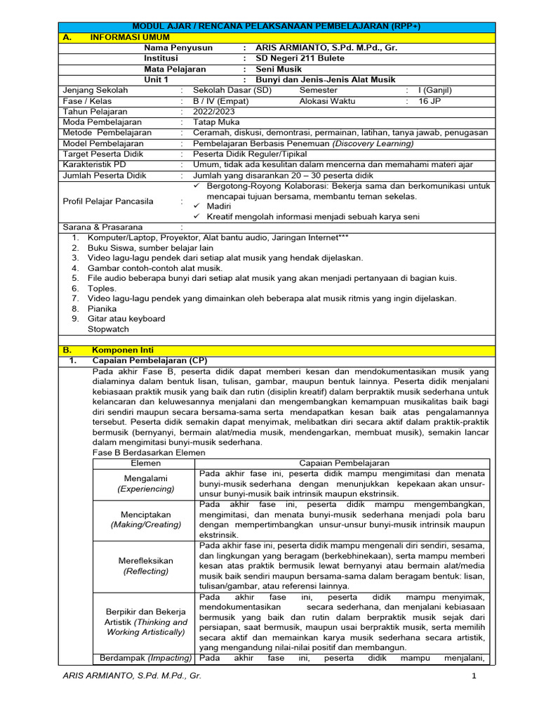 RPP Seni Musik KLS Iv SMS 1 | PDF