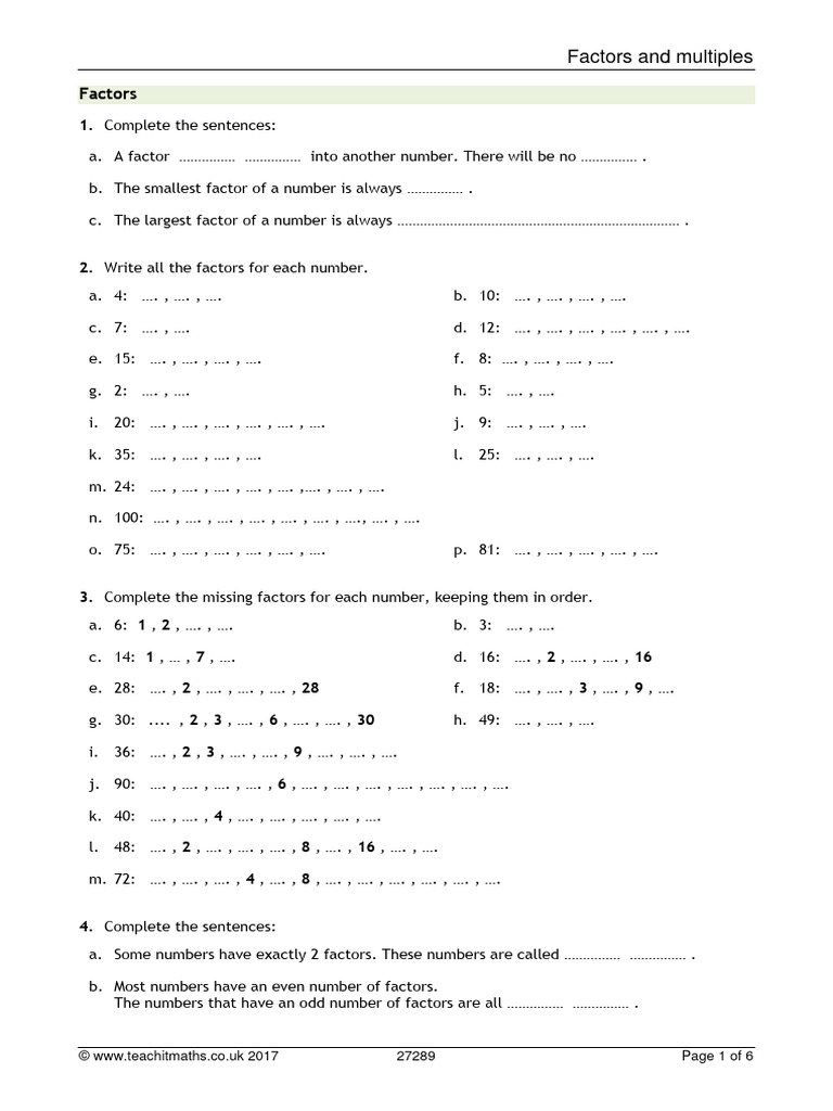 27289 Factors And Multiples Pdf