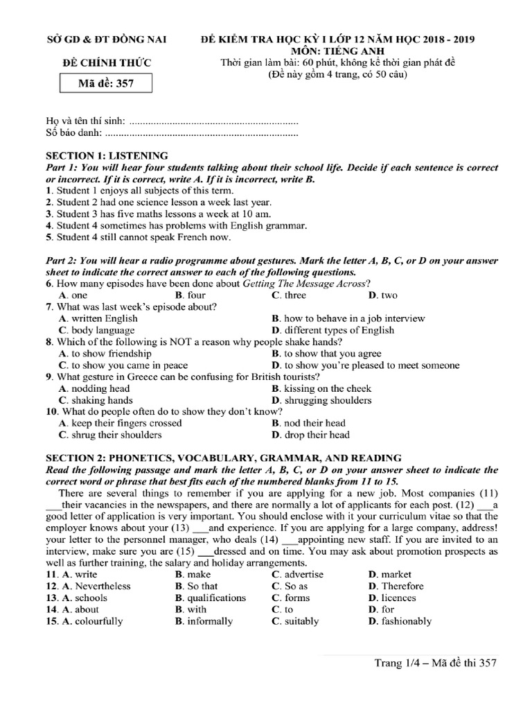 De Thi HK1 Tieng Anh 12 Dong Nai 2018-2019 | PDF