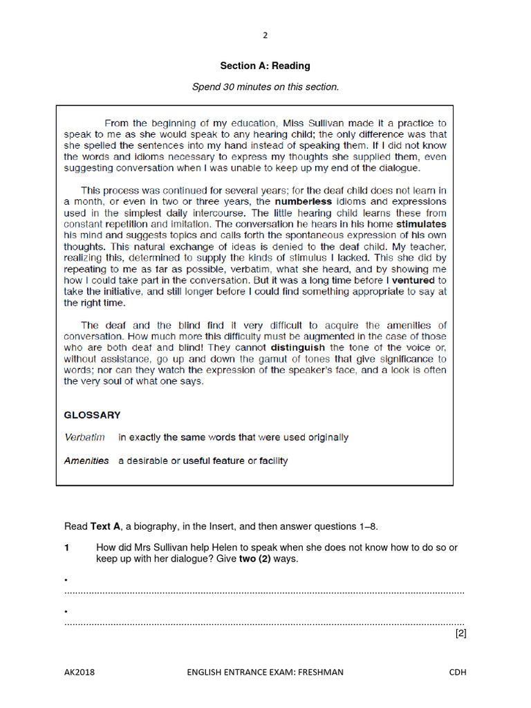 Helen Keller: Reading Comprehension Exam | PDF | Applied Linguistics ...