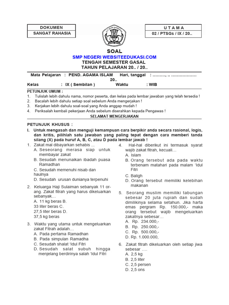 Soal PTS PAI Kelas IX Ganjil K13 2023 | PDF