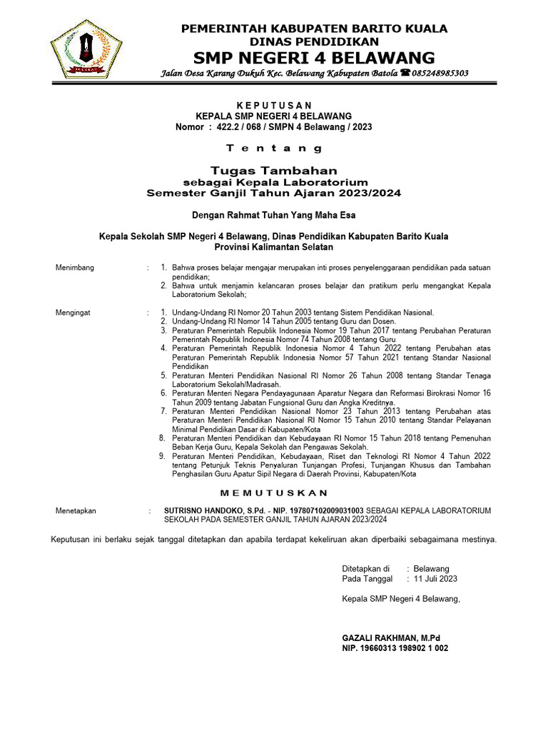 SK Kepala Laboratorium SMP 2023/2024 | PDF