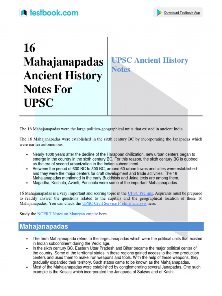 16 Mahajanapadas Ancient History Notes For Upsc | PDF
