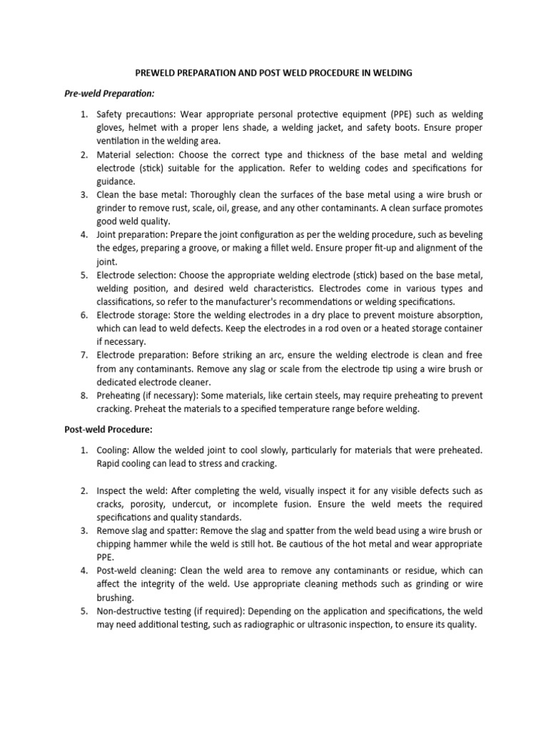 Preweld Preparation and Post Weld Procedure in Smaw | PDF | Welding | Construction