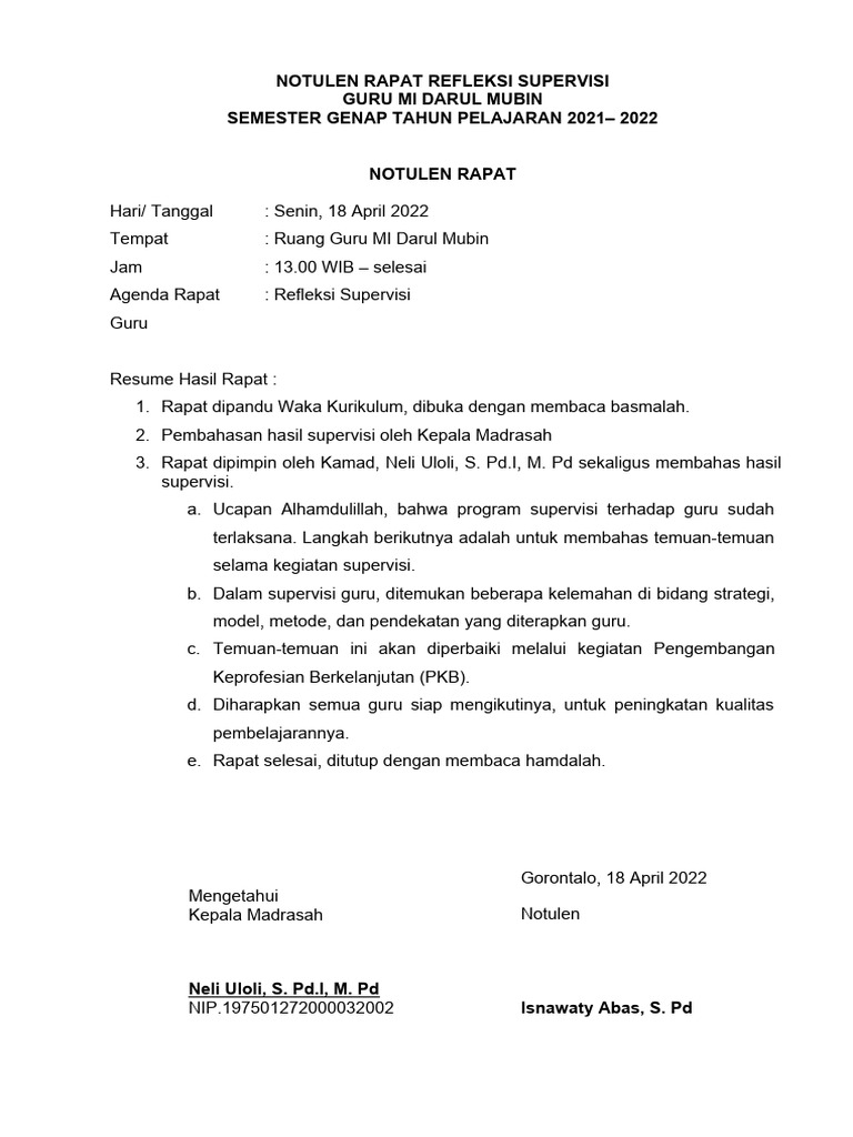 Notulen Rapat Refleksi Supervisi Guru | PDF