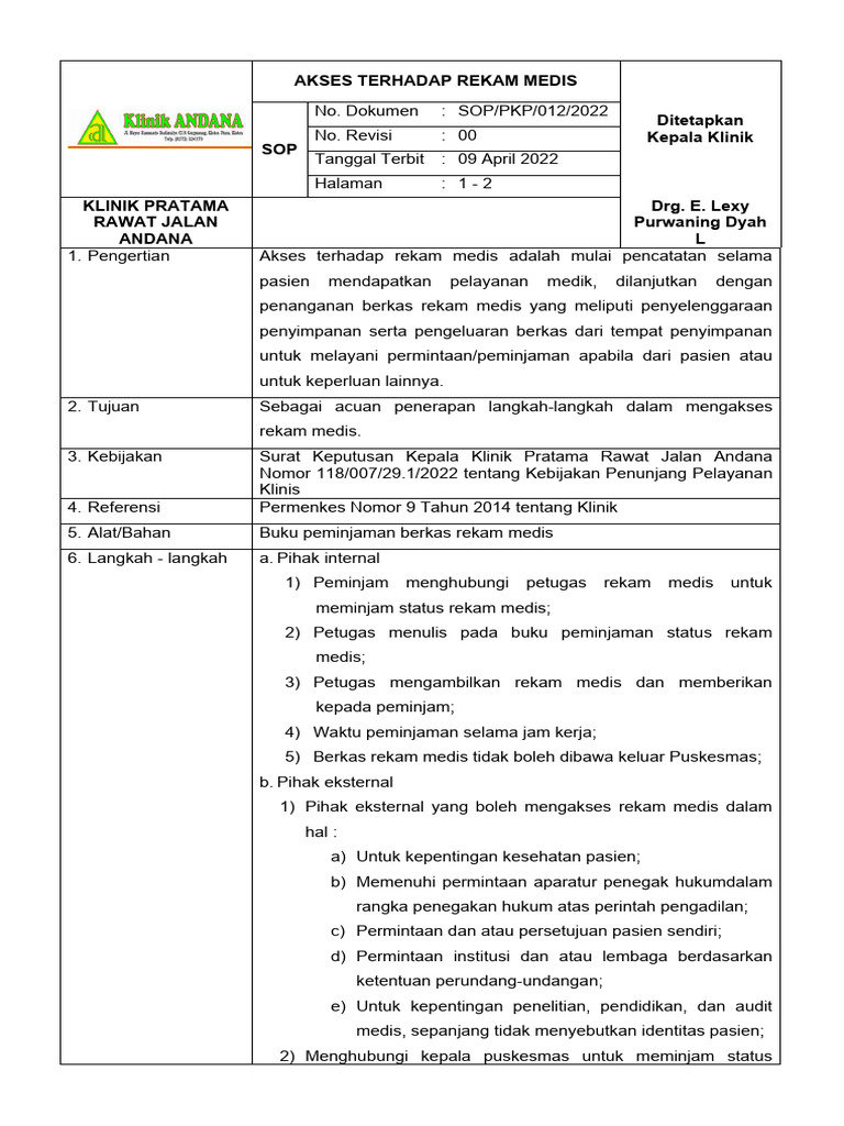 Ep 3a Sop Akses Rekam Medis - Peminjaman RM | PDF