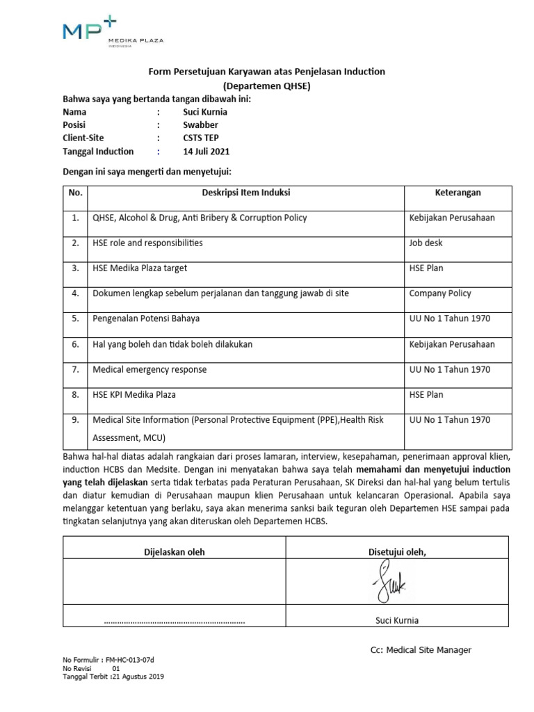 Form HSE Induction-Suci Kurnia | PDF