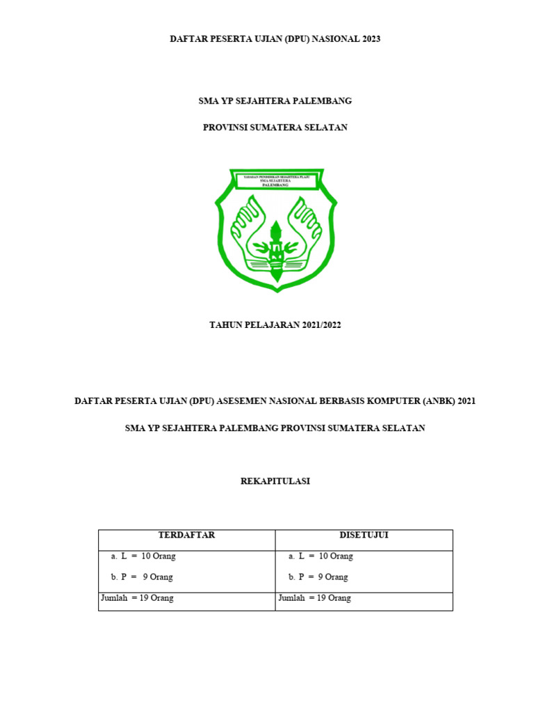 DAFTAR PESERTA UJIAN SEKOLAH 2023 | PDF
